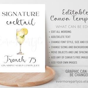 French 75 Signature Cocktail Drink Sign, Editable Template, DIY ...