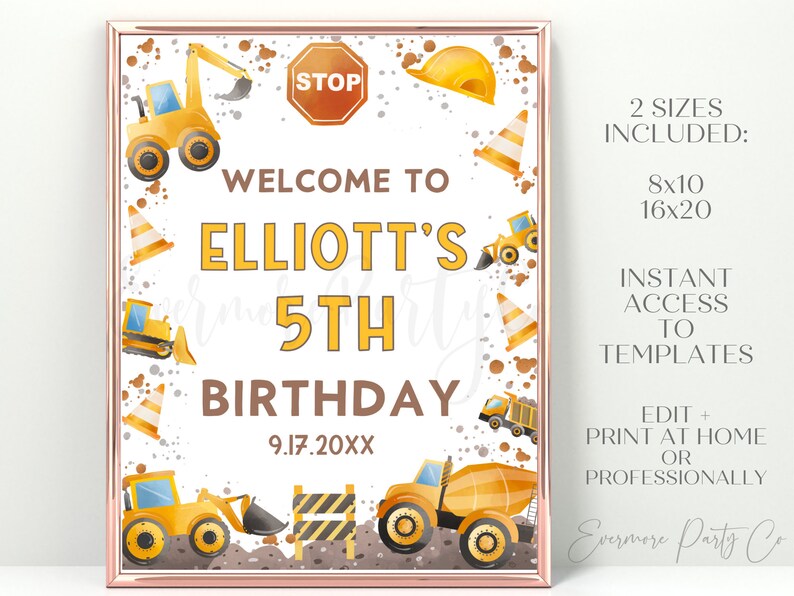 Editable Yellow Brown Construction Boys Birthday Party Welcome Sign ...