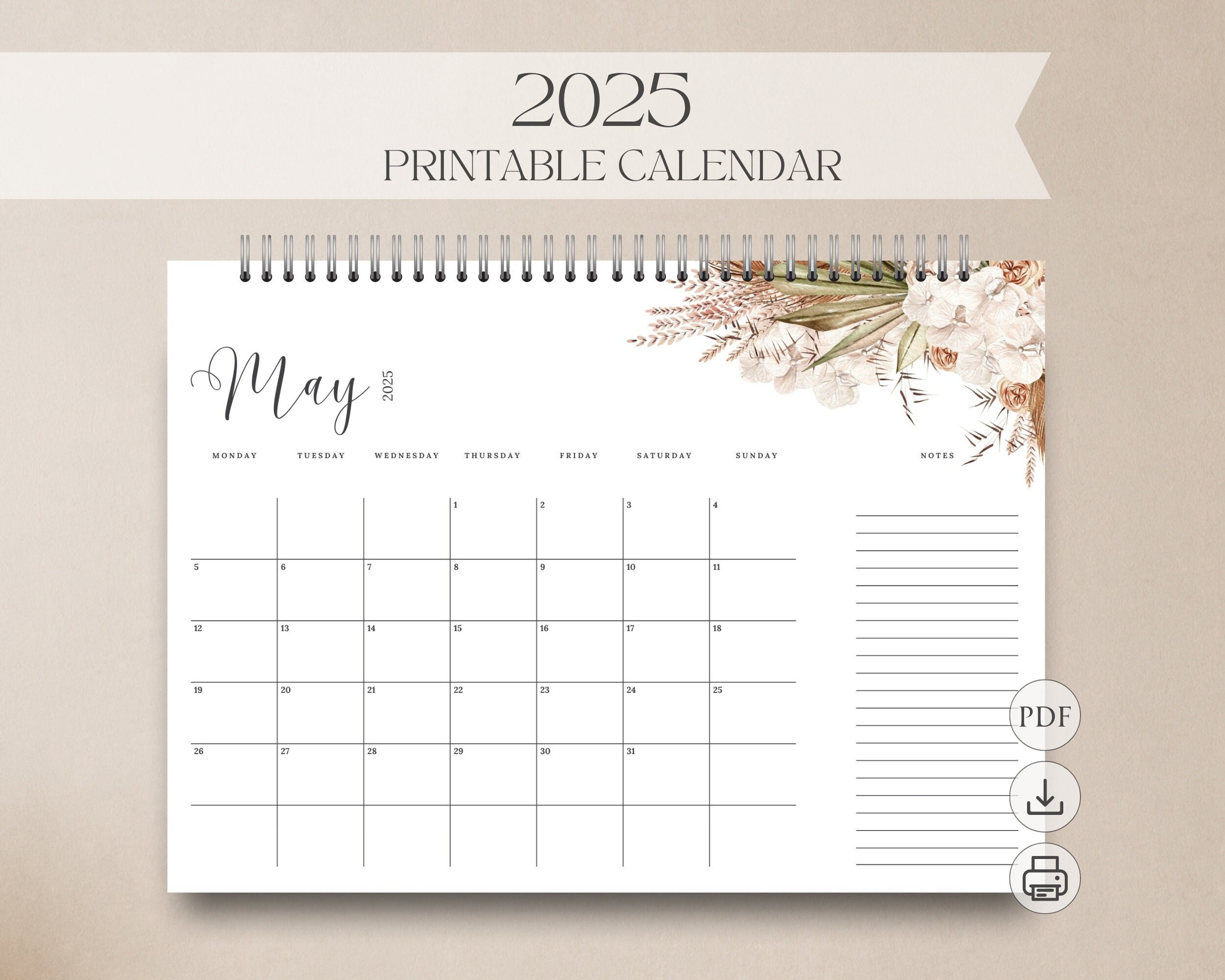 2025 Printable Calendar Floral Digital Monthly Planner Landscape ...