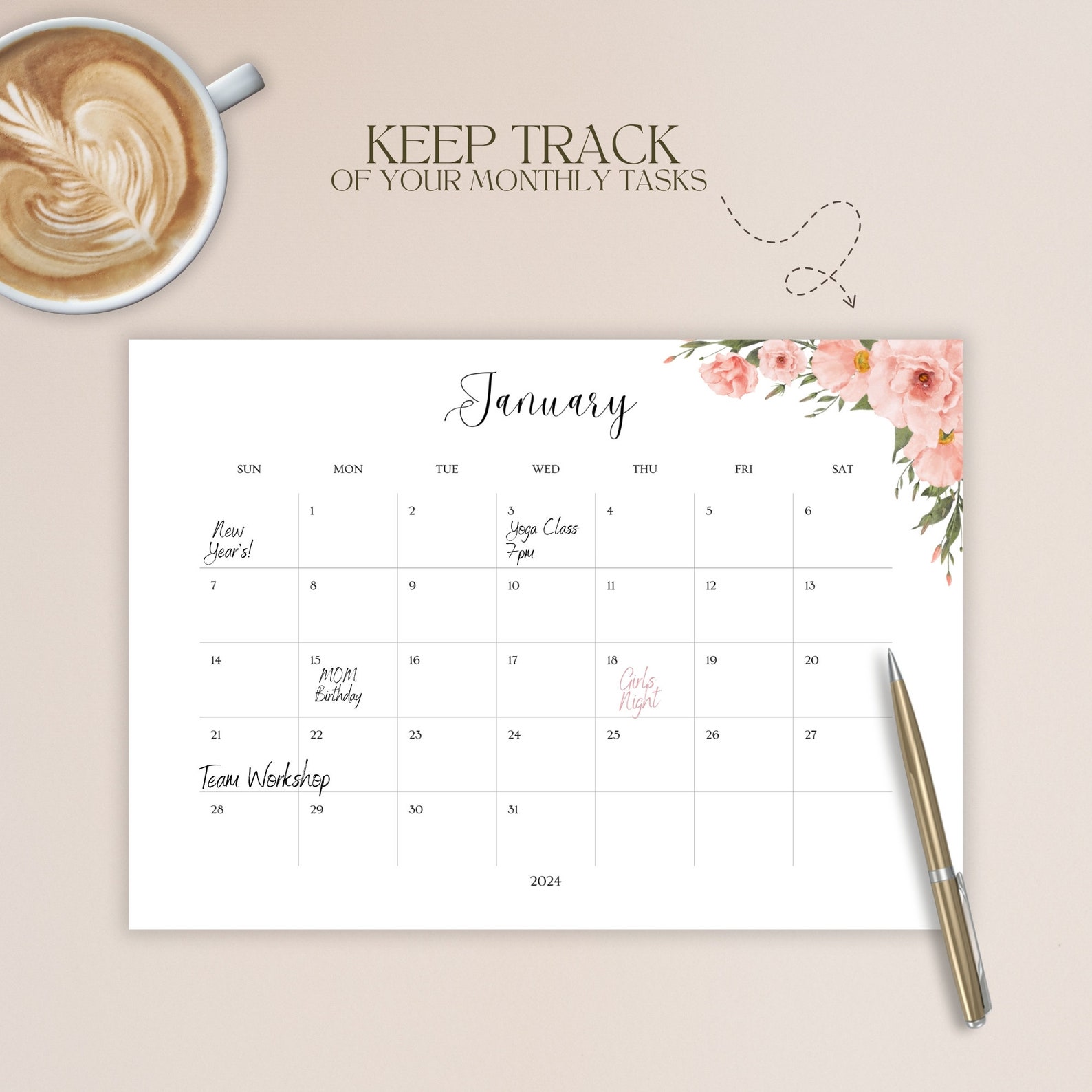 Printable Calendar 2024, Watercolour Pink Peonies, Fillable PDF 2024 ...