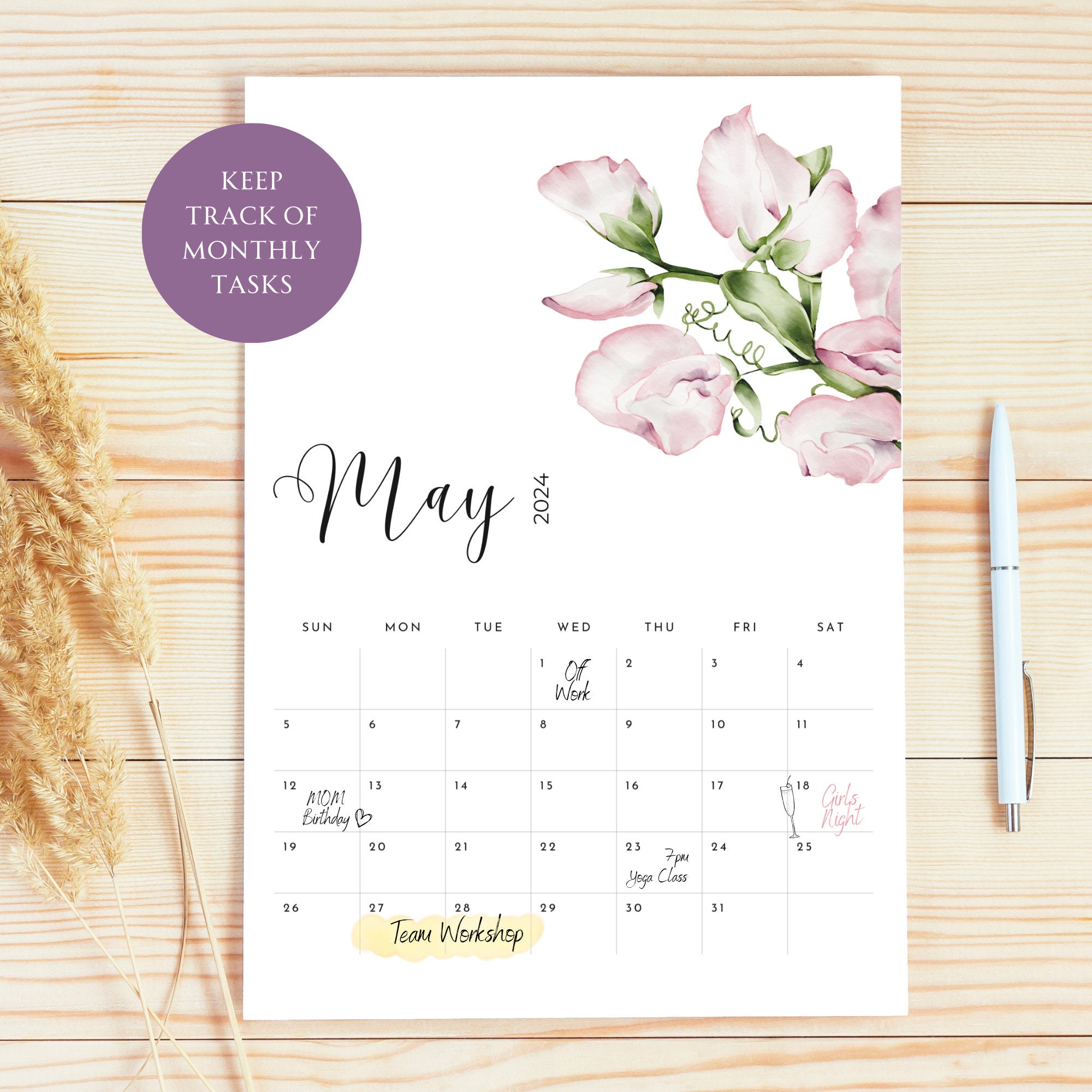 Printable 2024 Watercolor Floral Calendar Editable Monthly - Etsy