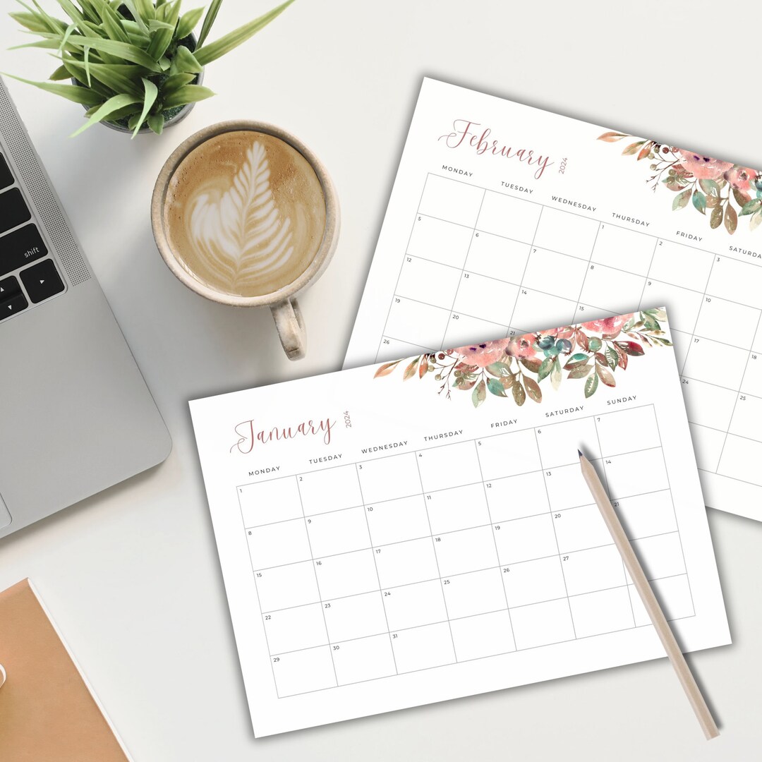 Printable Calendar 2024 Monthly Planner Horizontal Desk Calendar Flower ...