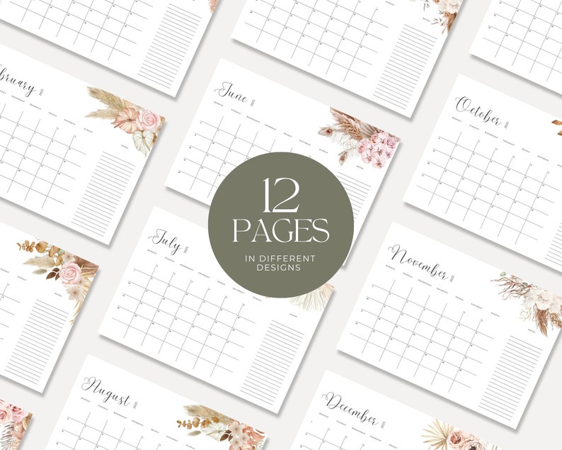2025 Calendar Printable, Boho Floral Monthly Planner, Digital Calendar ...
