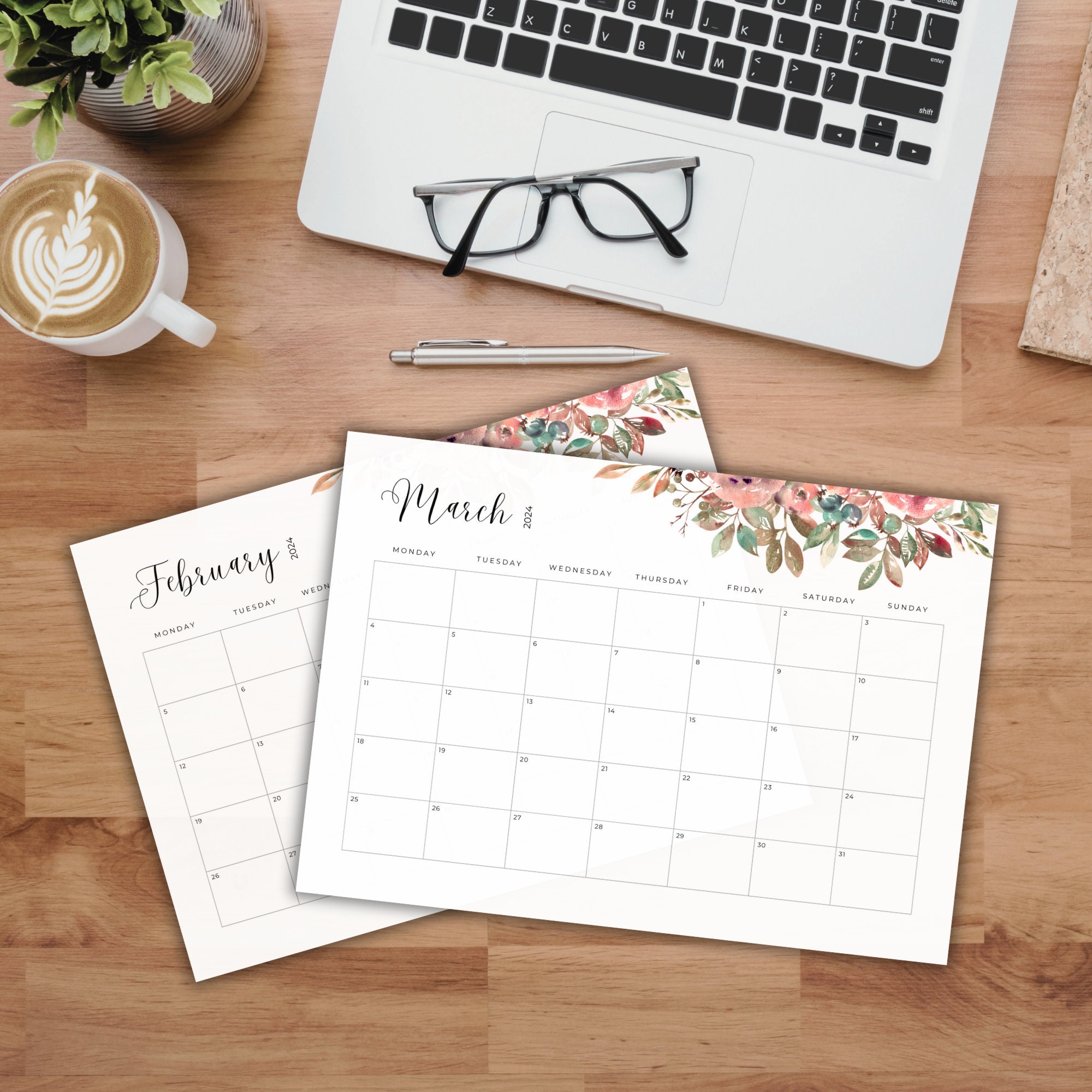 Printable 2024 Monthly Calendar Watercolor Floral Monthly - Etsy