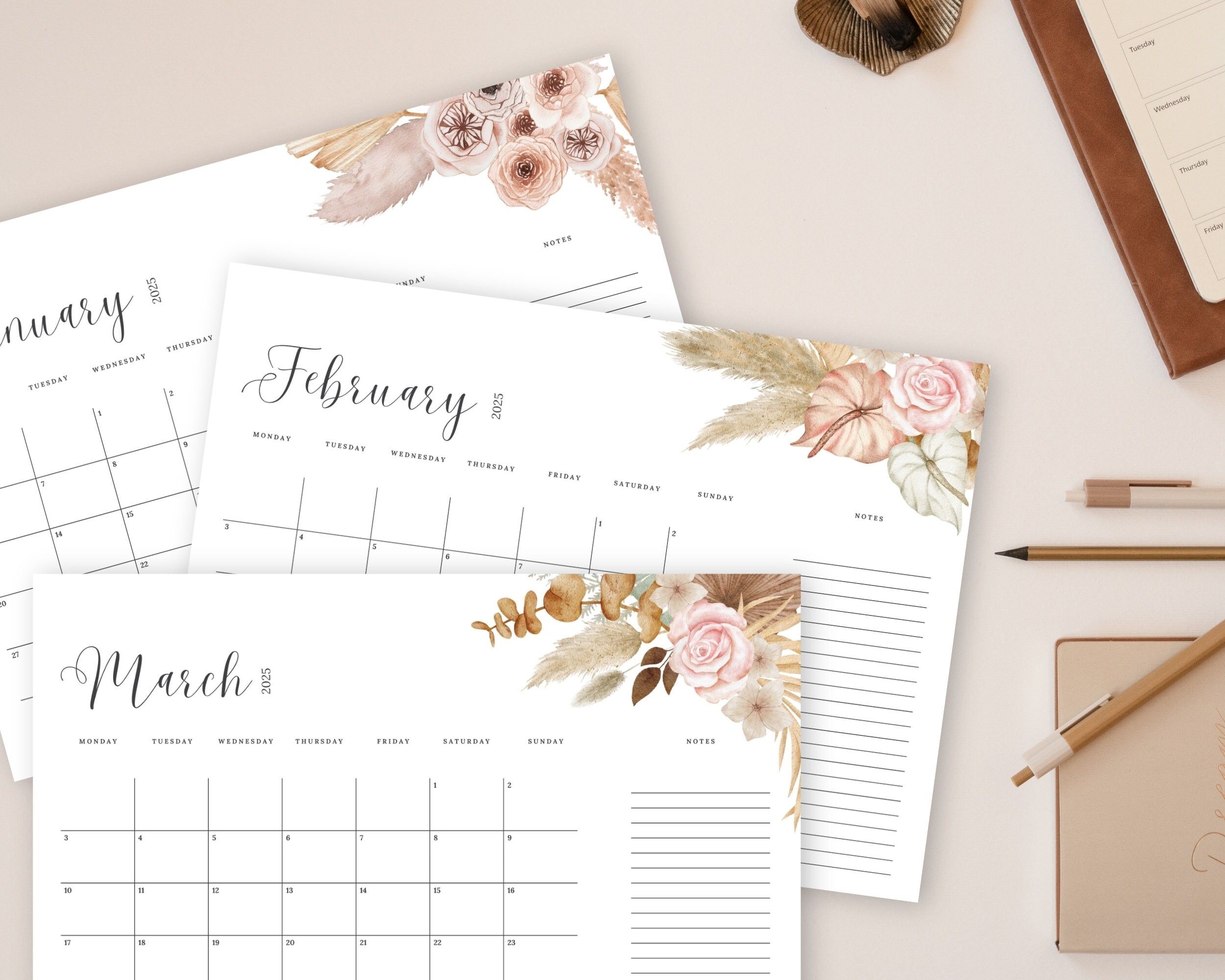 2025 Calendar Printable, Boho Floral Monthly Planner, Digital Calendar ...