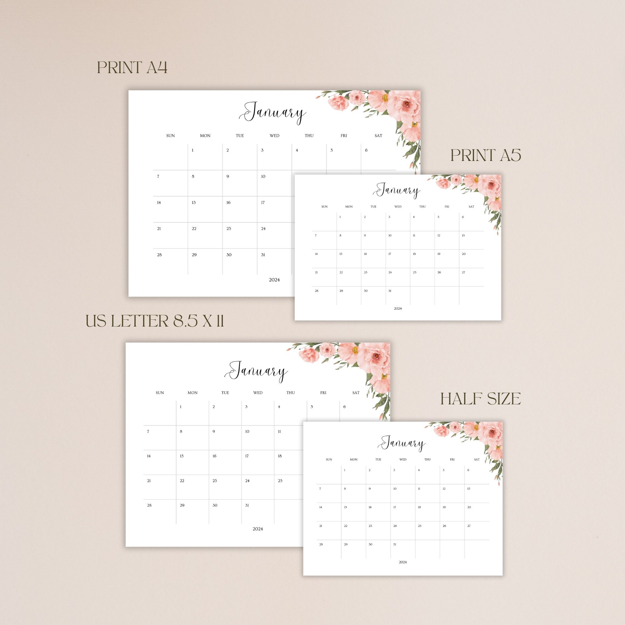 Printable Calendar 2024, Watercolour Pink Peonies, Fillable PDF 2024 ...
