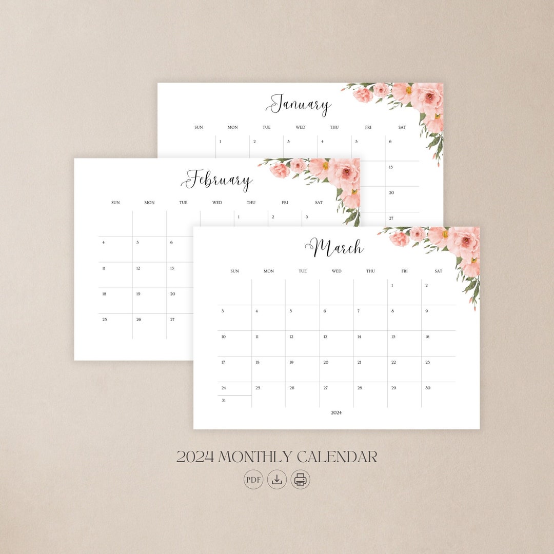 Printable Calendar 2024, Watercolour Pink Peonies, Fillable PDF 2024 ...