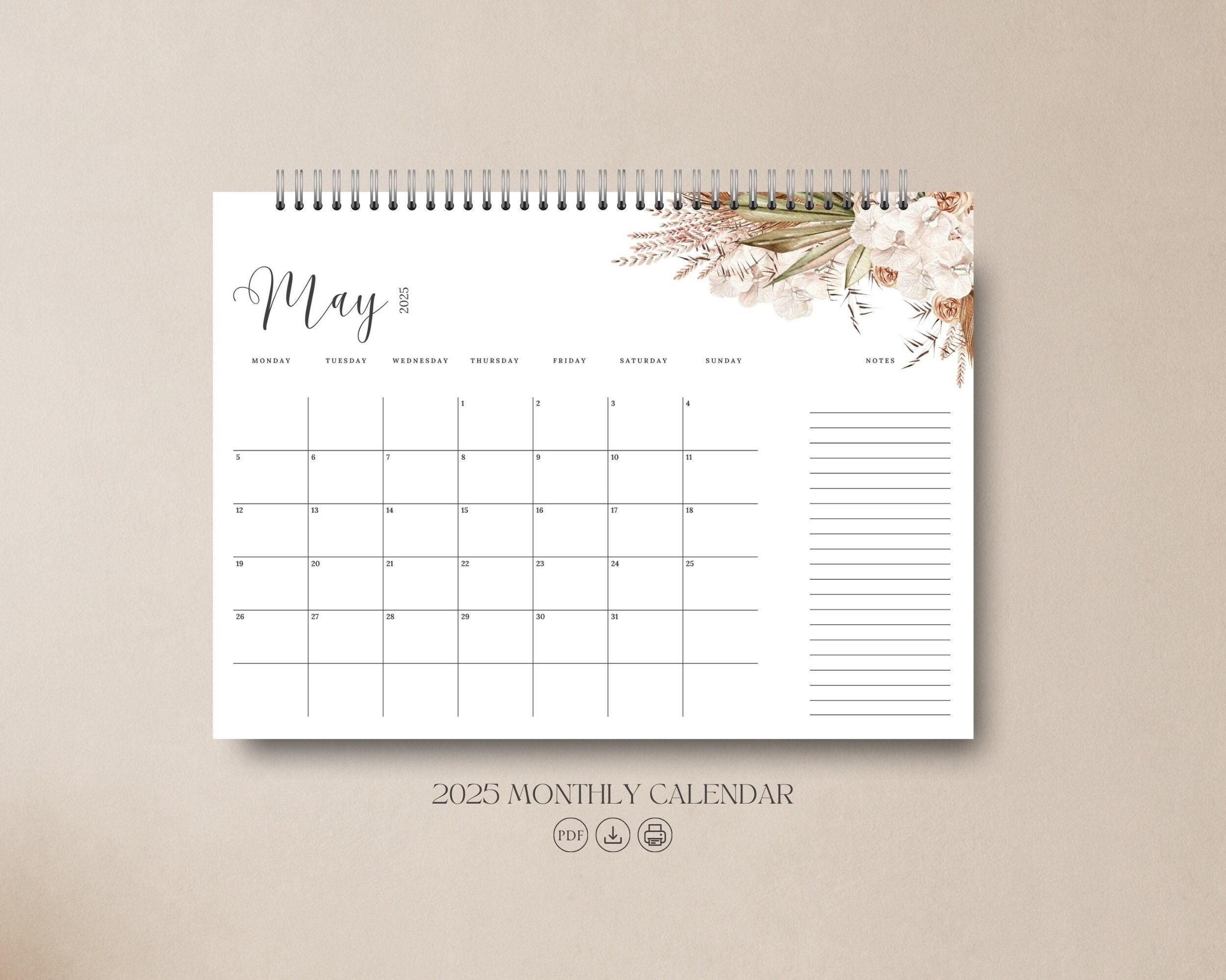 2025 Calendar Printable, Boho Floral Monthly Planner, Digital Calendar ...