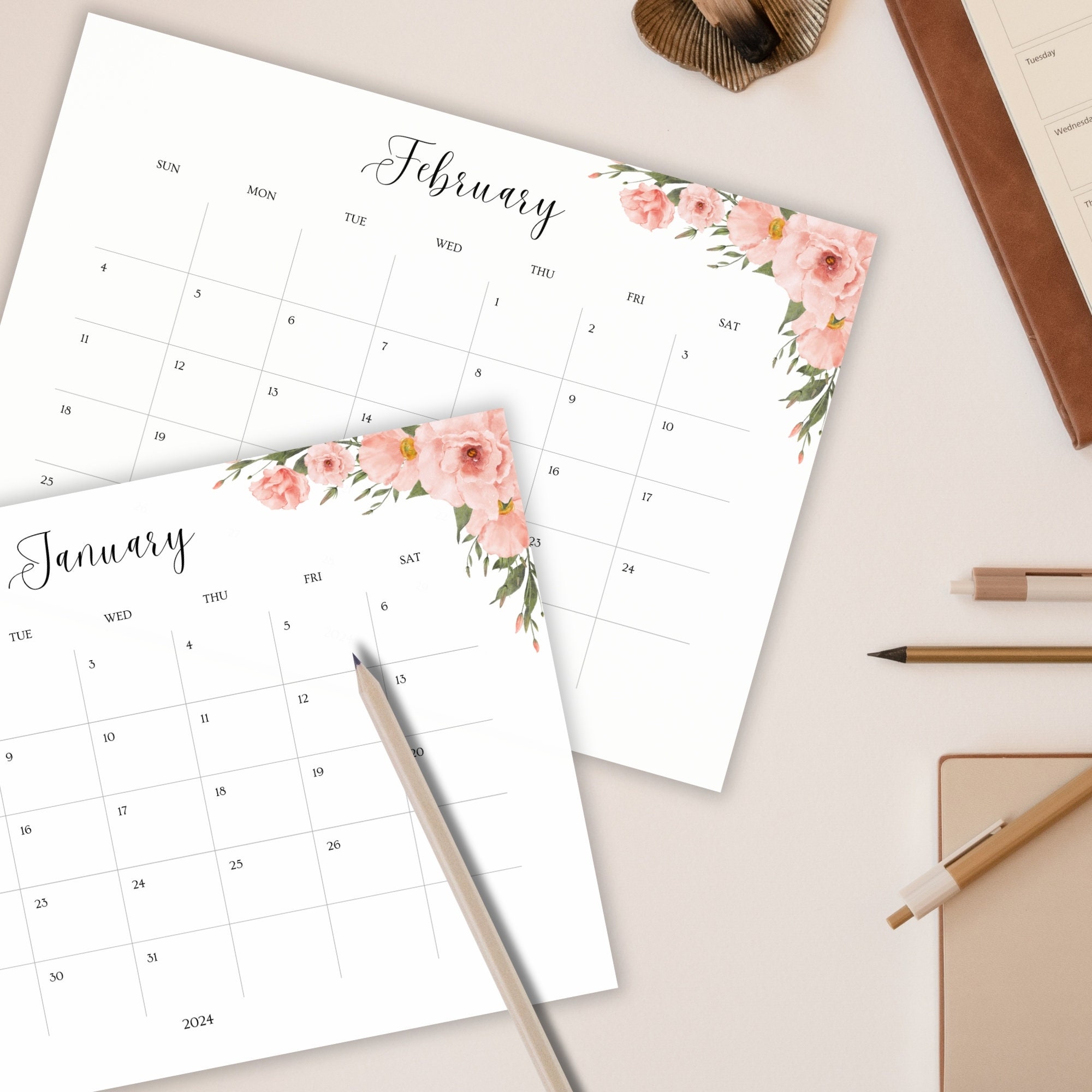 Printable Calendar 2024, Watercolour Pink Peonies, Fillable PDF 2024 ...