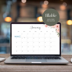 Printable Calendar 2024, Watercolour Pink Peonies, Fillable PDF 2024 ...