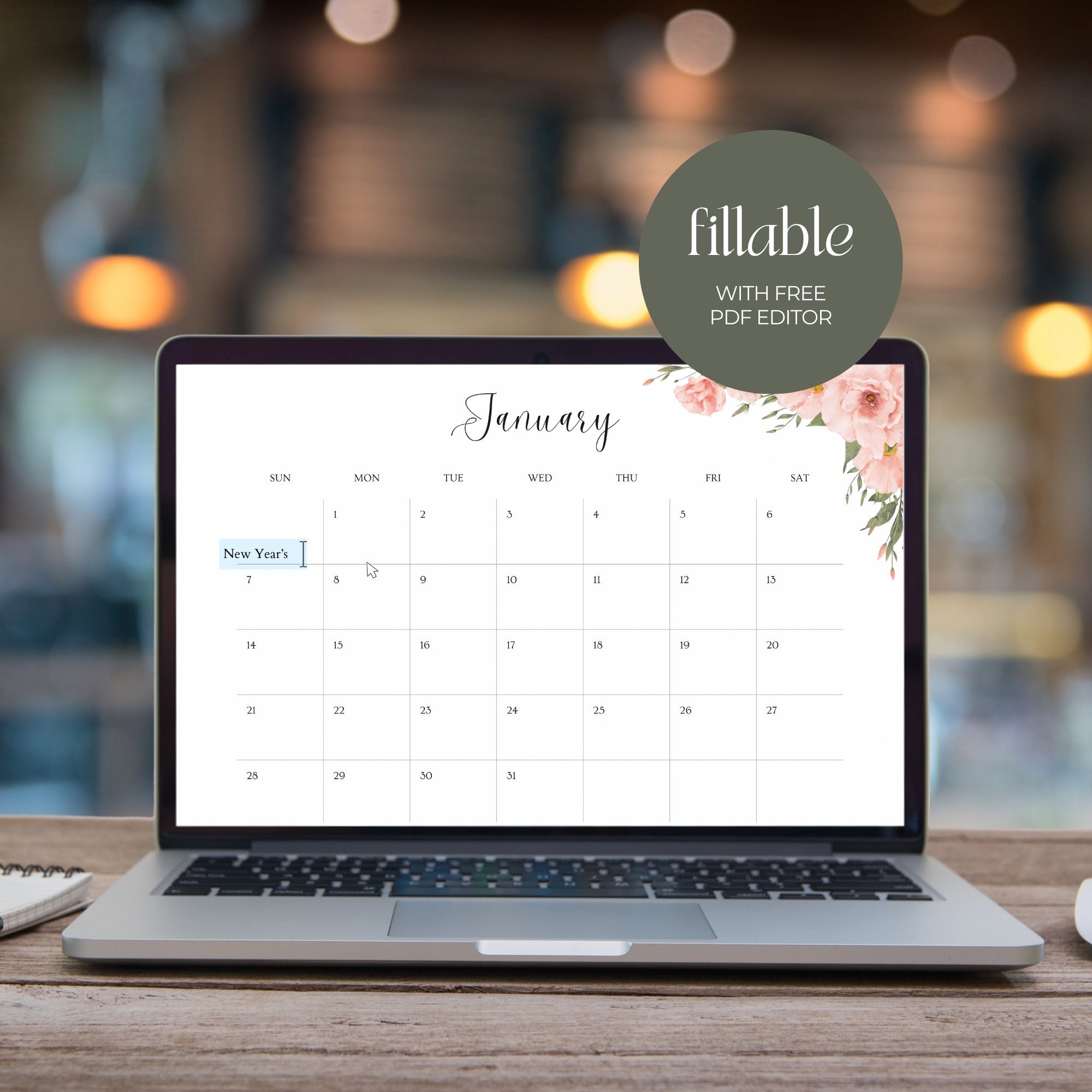 Printable Calendar 2024, Watercolour Pink Peonies, Fillable PDF 2024 ...