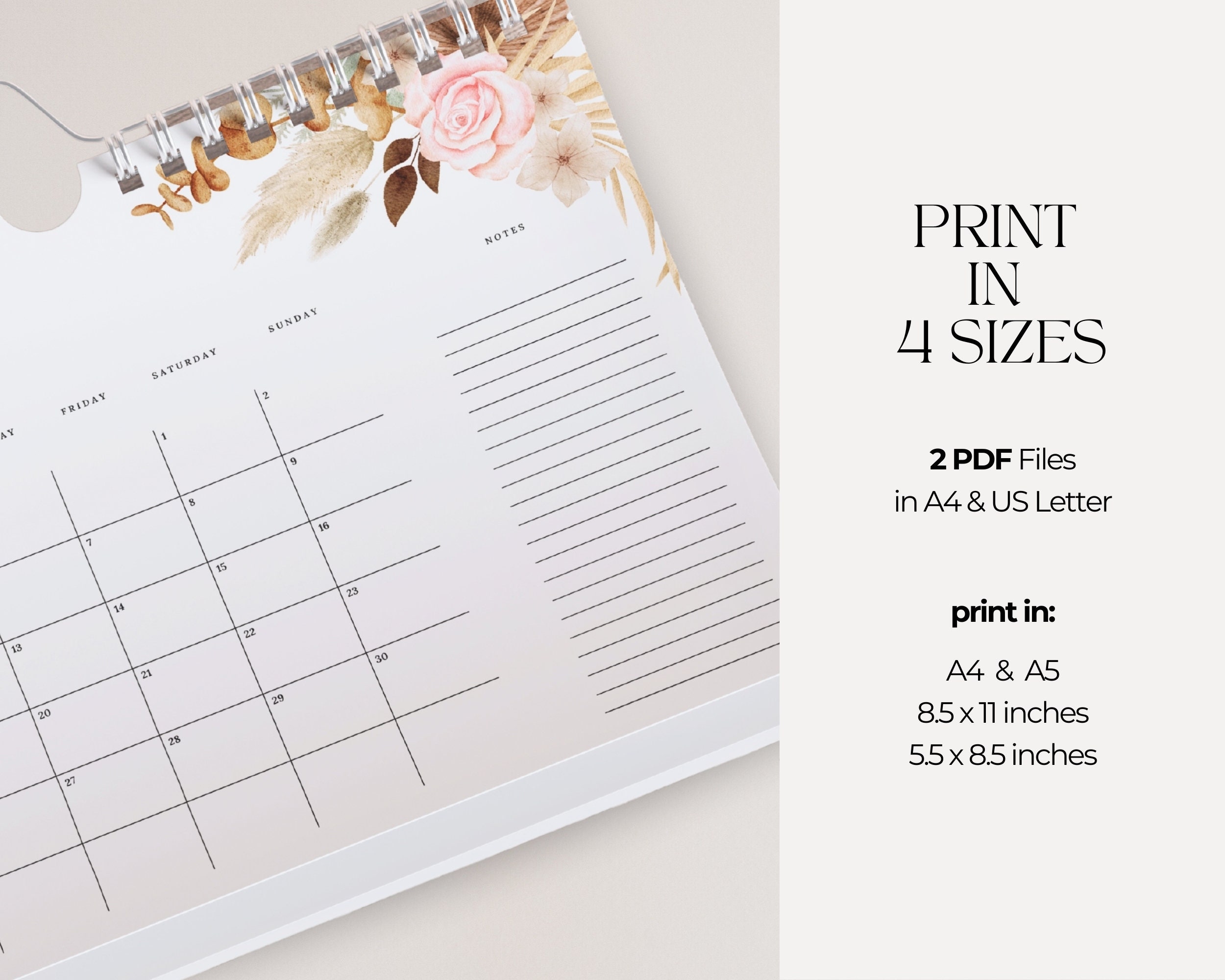 2025 Calendar Printable, Boho Floral Monthly Planner, Digital Calendar ...