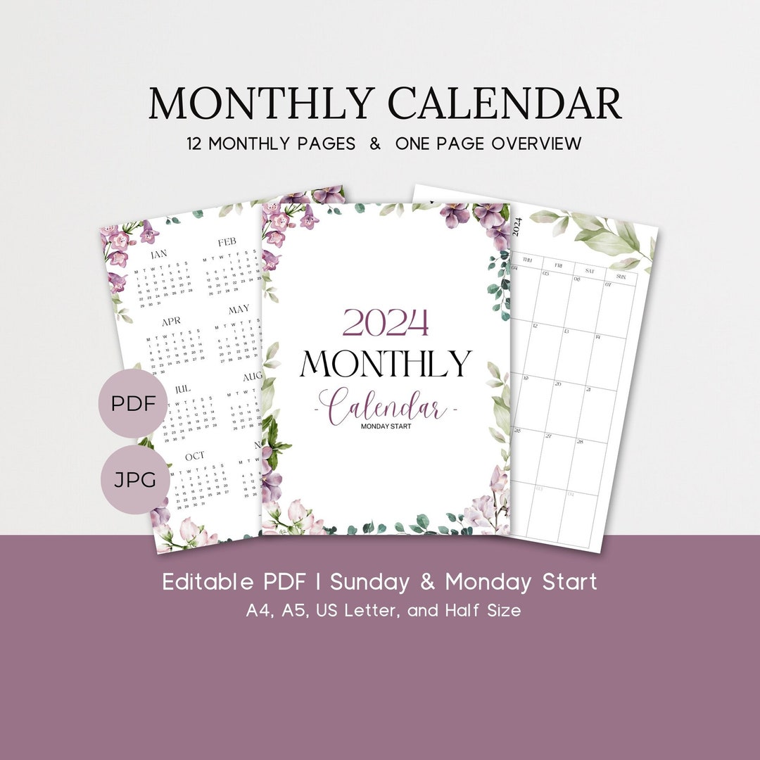 Floral Calendar 2024 Printable Monthly Planner Cottage Garden ...