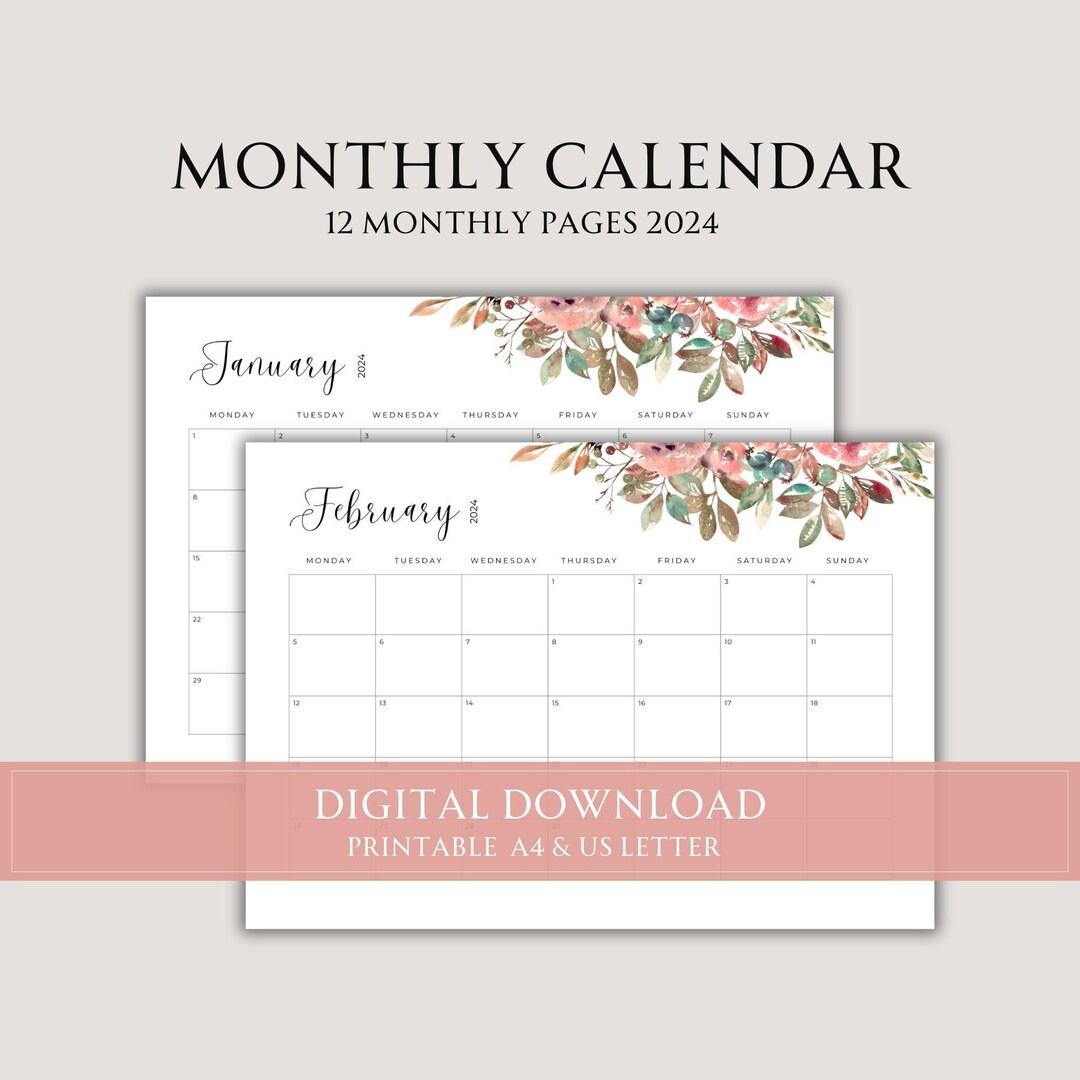 Printable 2024 Monthly Calendar Watercolor Floral Monthly - Etsy