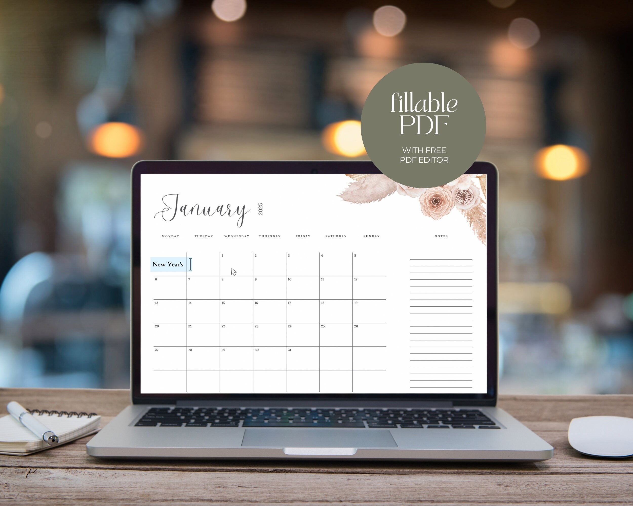 2025 Calendar Printable, Boho Floral Monthly Planner, Digital Calendar ...