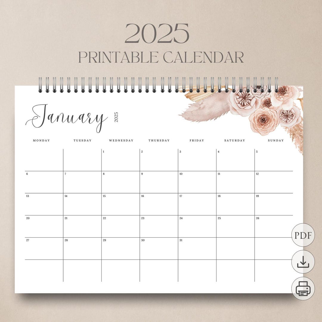 Floral Printable Calendar 2025 Neutral Monthly Planner Landscape ...
