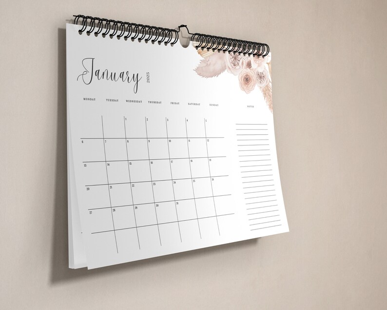 2025 Calendar Printable, Boho Floral Monthly Planner, Digital Calendar ...
