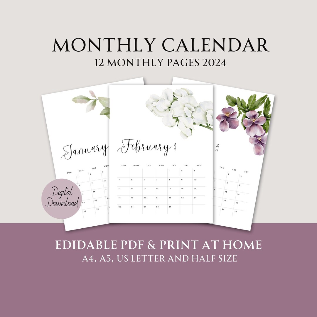 Printable 2024 Watercolor Floral Calendar Editable Monthly - Etsy
