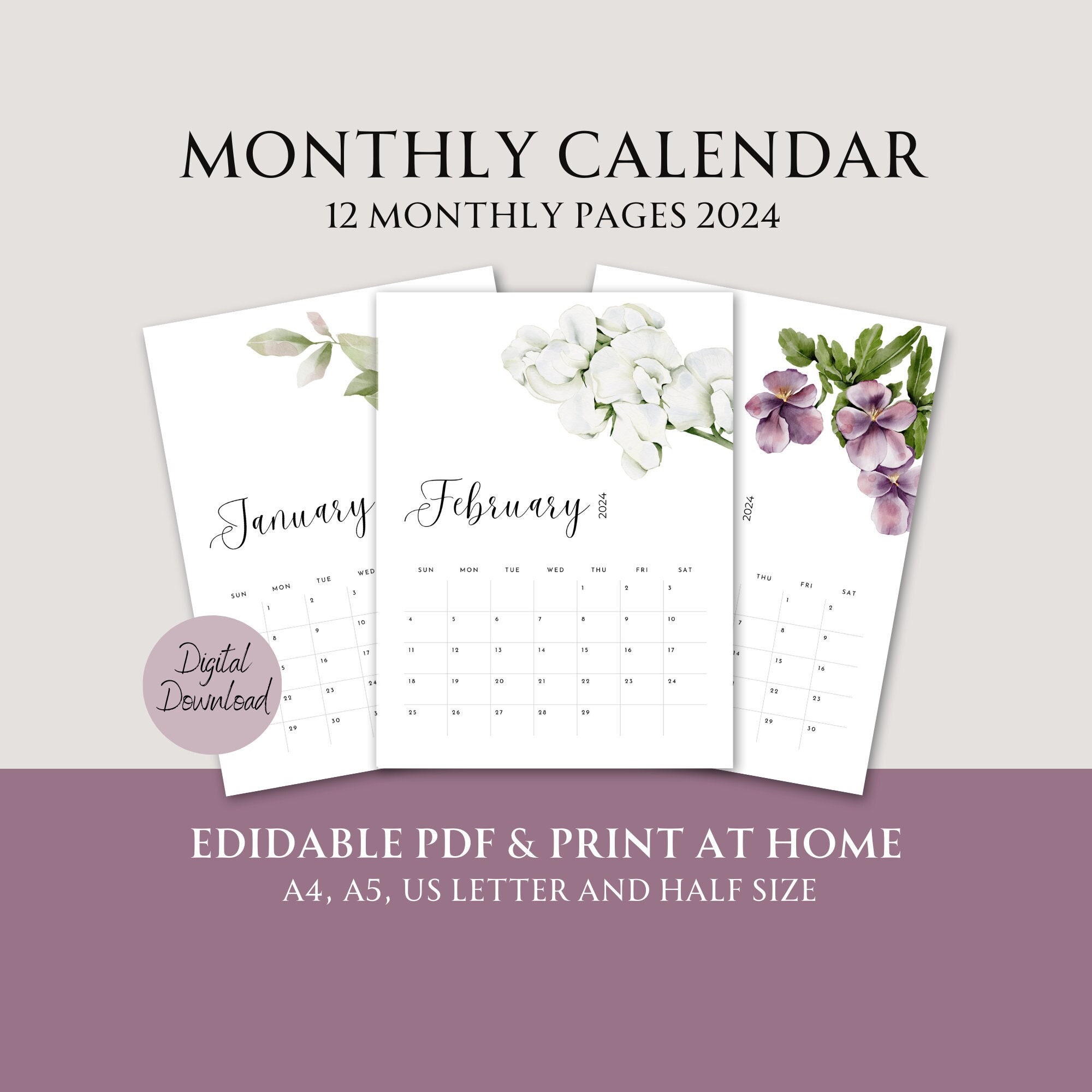 Printable 2024 Watercolor Floral Calendar Editable Monthly - Etsy