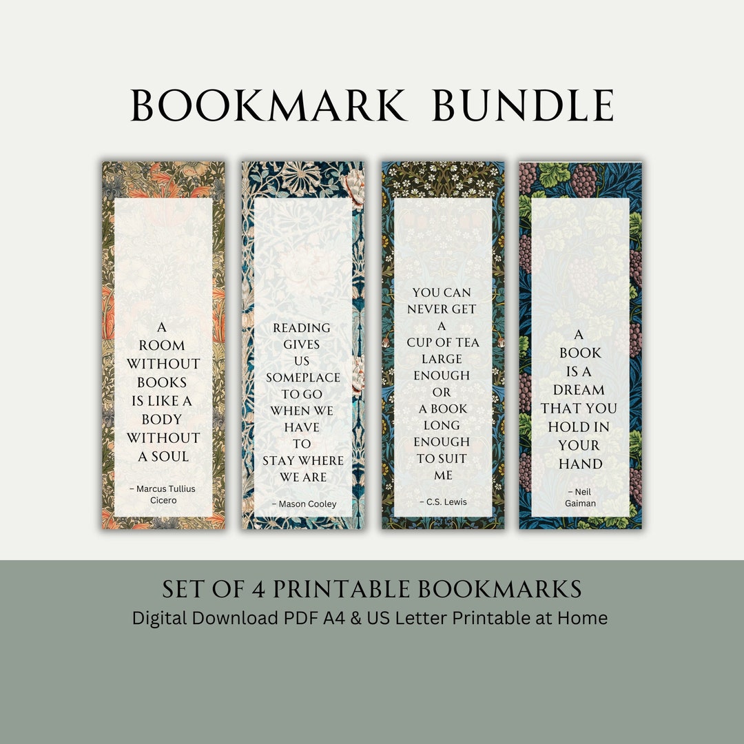 Printable Bookmarks Bundle Quote Set of 4 Vintage Floral Book - Etsy
