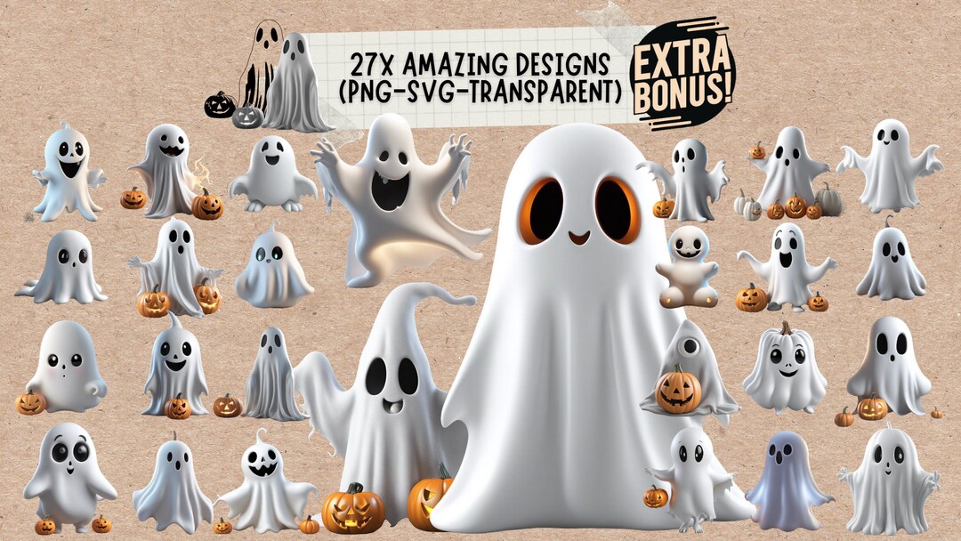Cute Halloween Ghost Svg & Png Clipart Bundle, Ghosts Face Svg Ghost ...