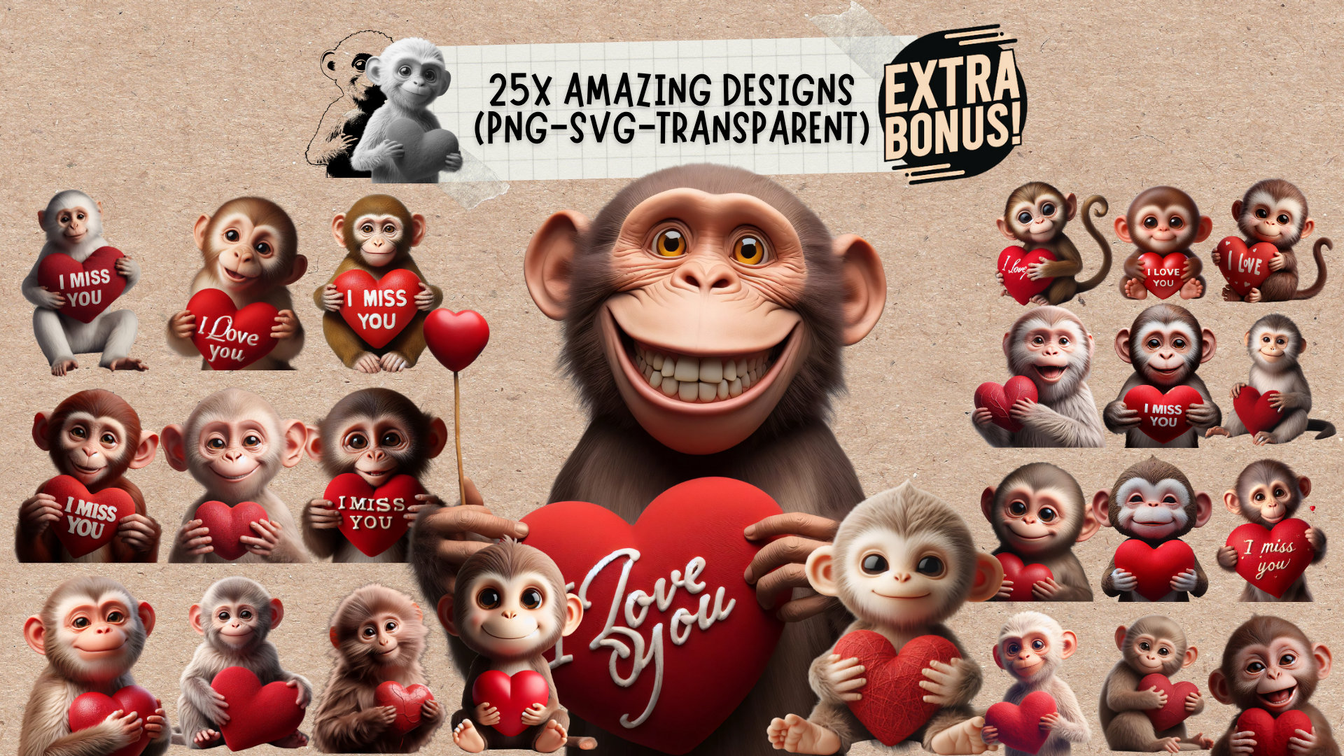 Happy Valentines Day Monkey Svg and Png Bundle, Boys Valentine Animal ...