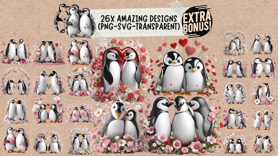 Two Funny Valentine Penguin in Love Png and Svg Sublimation Bundle for ...