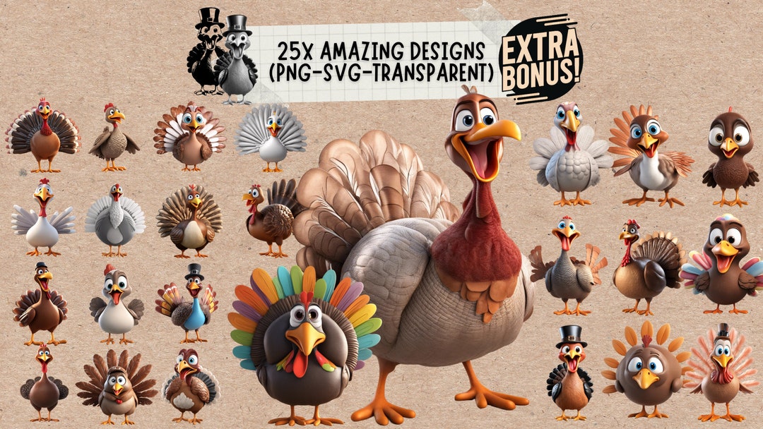 Thanksgiving Thankful Turkey Svg & Png Clipart Bundle, Friends Boy Cute ...