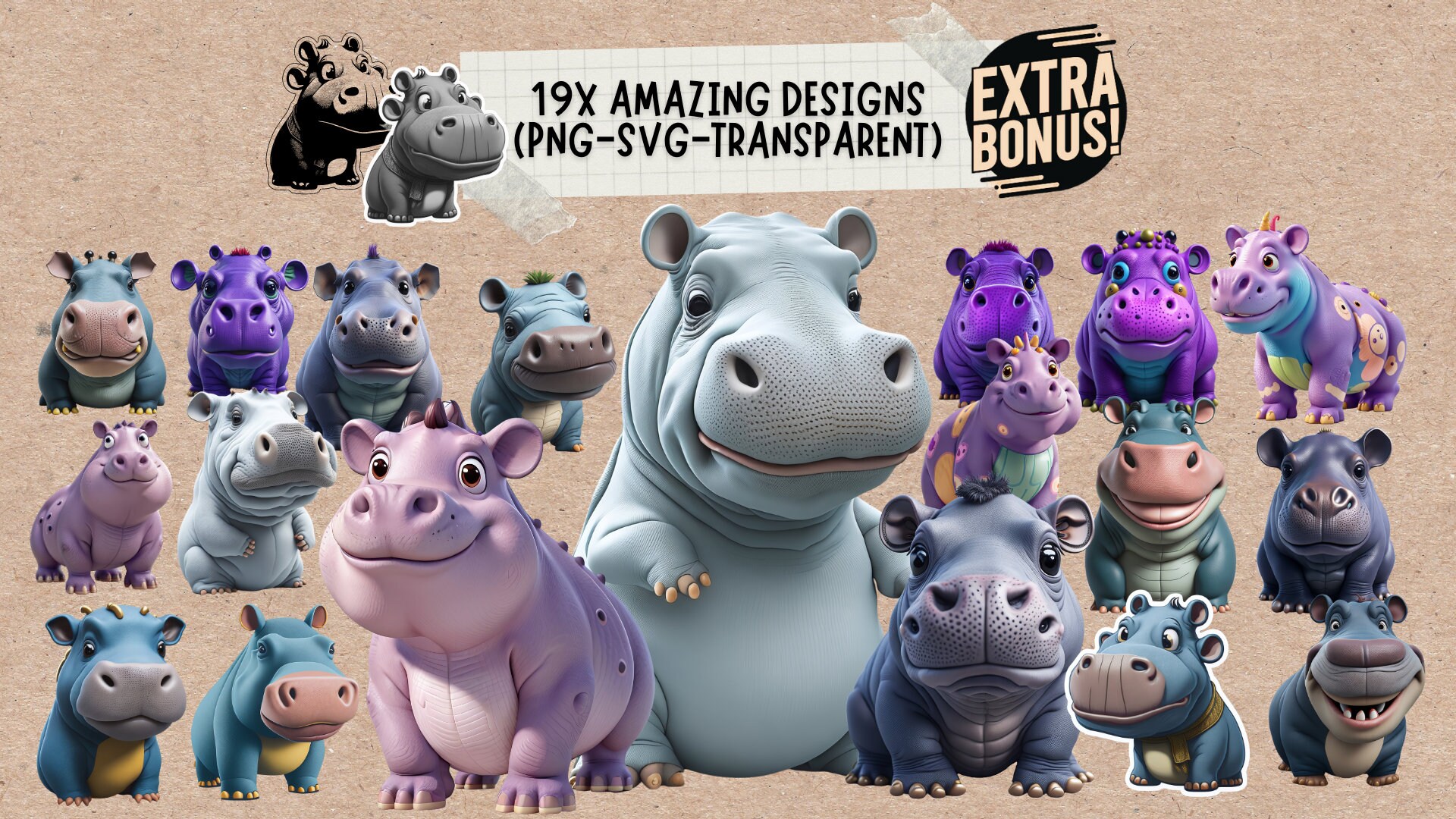 Cute Hippo SVG Bundle, Hippo Silhouette Water Nature Clipart Files for ...