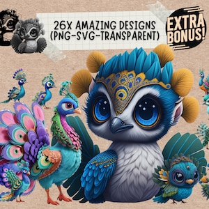 Vibrant Peacock Svg and Png Bundle, Cute Baby Peacock Transparent Art ...