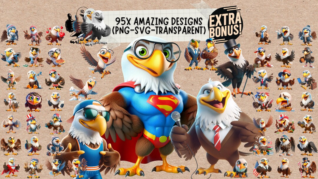 Bundle of 95 Funny Cartoon Eagle Clip Art - SVG & PNG Files Included - Etsy