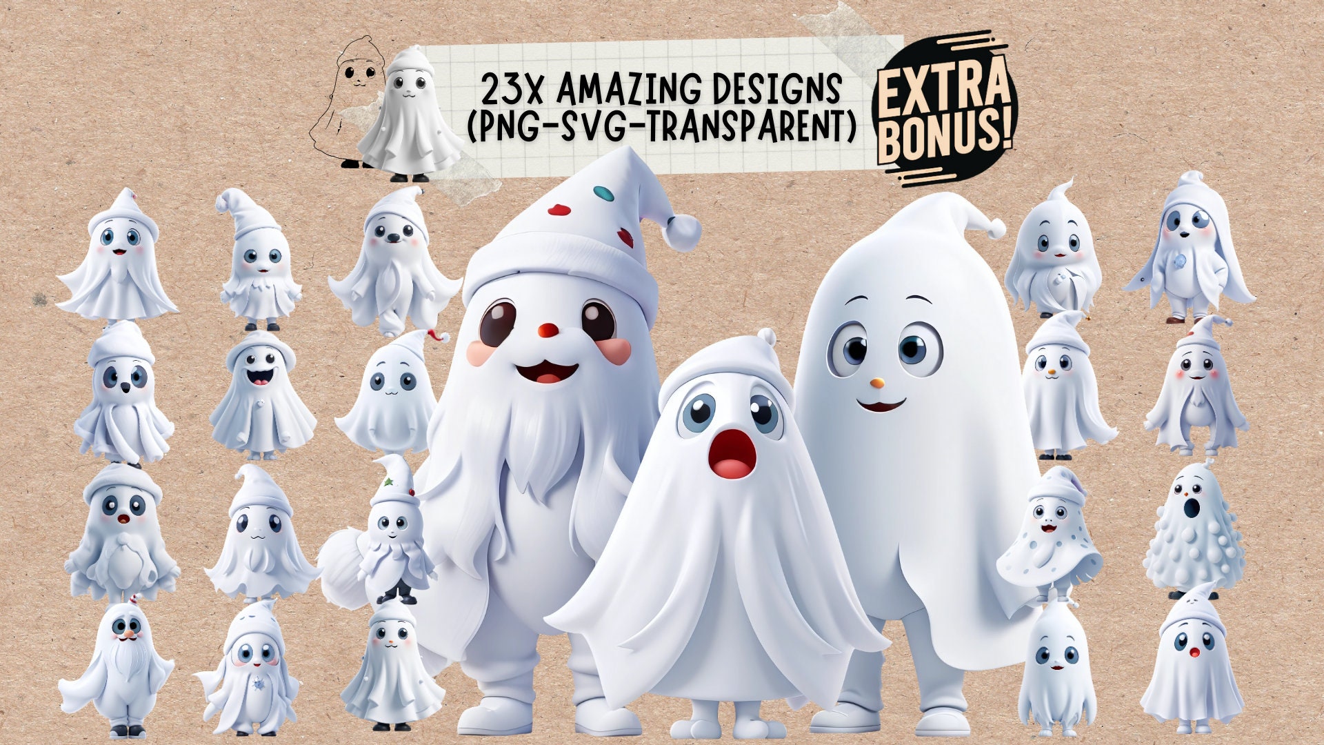 Cute Ghost Face Svg & Png Clipart Bundle, Christmas or Halloween Ghosts ...