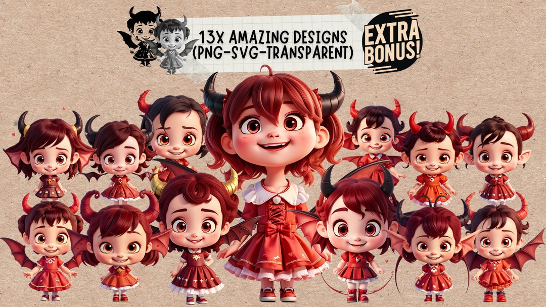 Devil Girl Happy Face Spooky Season Svg and Png Bundle, Angel Devil ...