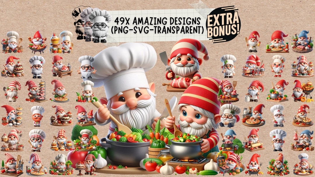 Whimsical Gnome Baking SVG & PNG Clipart Designs Pack for All Your ...