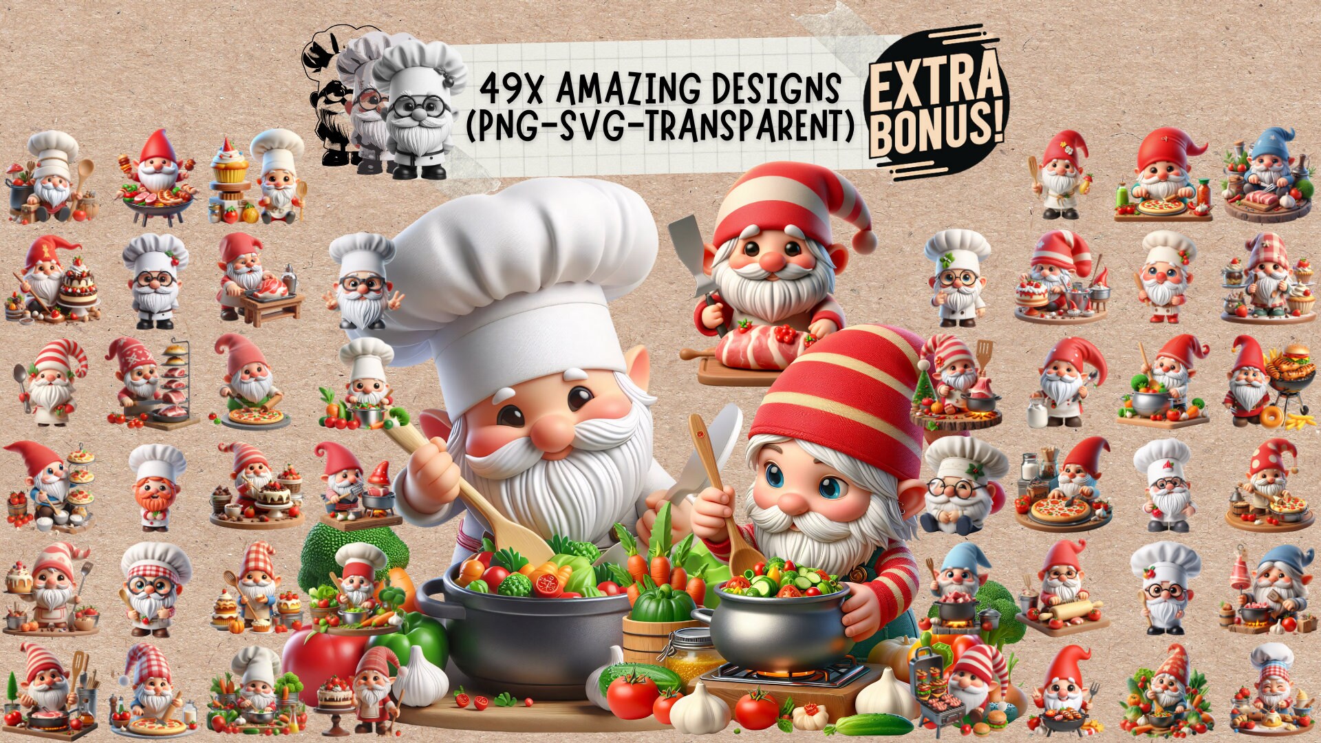 Whimsical Gnome Baking SVG & PNG Clipart Designs Pack for All Your ...