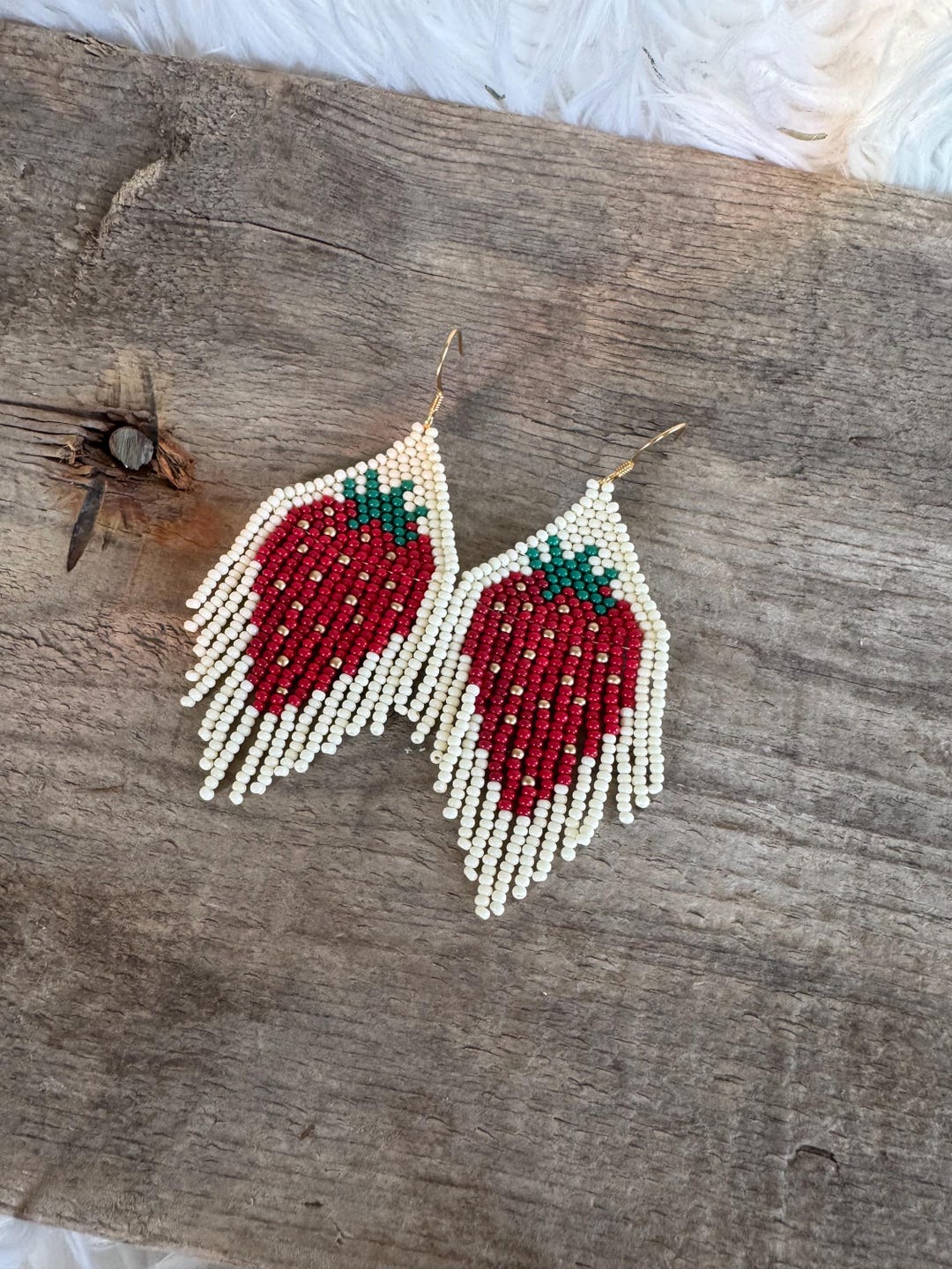 Strawberry Beaded Dangle Earrings: Seed Bead Fringe, Boho, Handwoven in ...