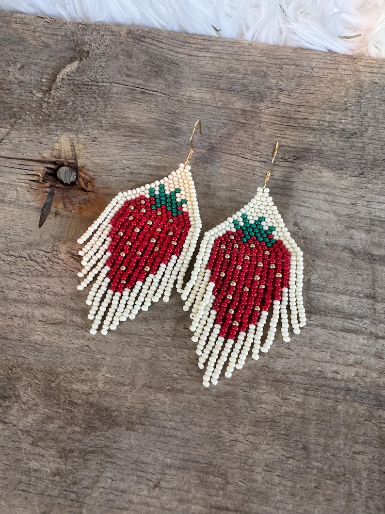 Strawberry Beaded Dangle Earrings: Seed Bead Fringe, Boho, Handwoven in ...