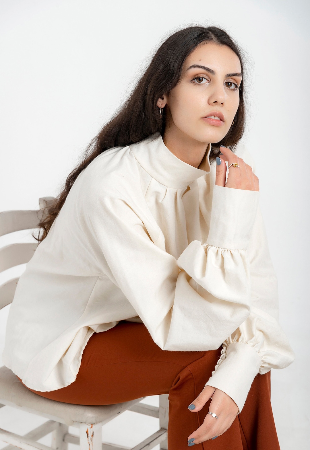 Oversize Women Silk Blouse, Wide Long Sleeve Ivory Blouse, High Neck ...