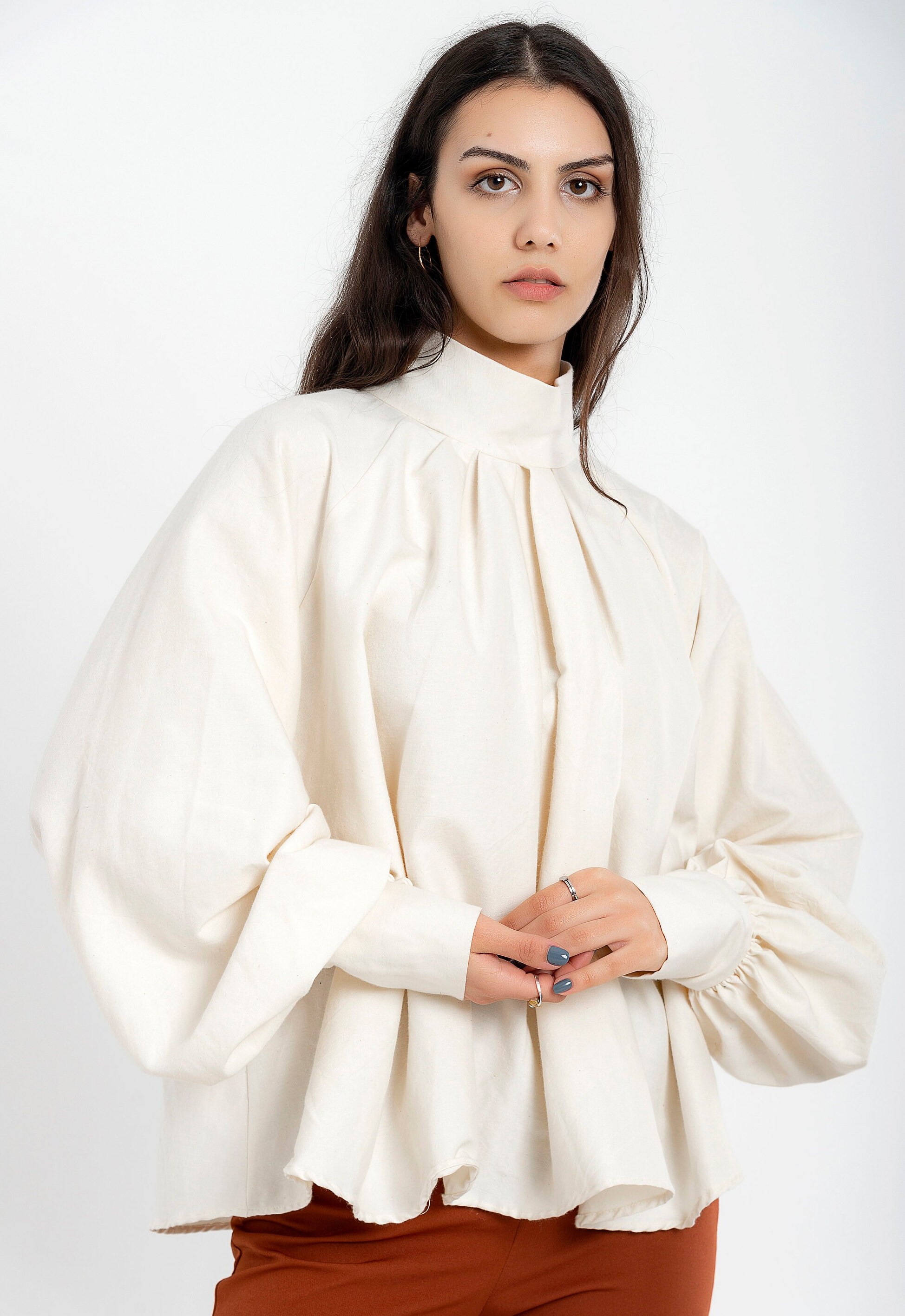 Oversize Women Silk Blouse, Wide Long Sleeve Ivory Blouse, High Neck ...