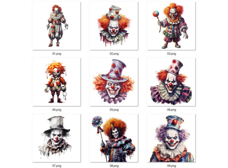 Scary Halloween Clowns Clipart - 28 Watercolor Pngs - Spooky Circus ...
