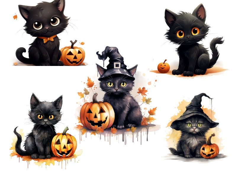 Cute Halloween Black Cat Clipart Bundle - 65 High-res 300 DPI Images ...