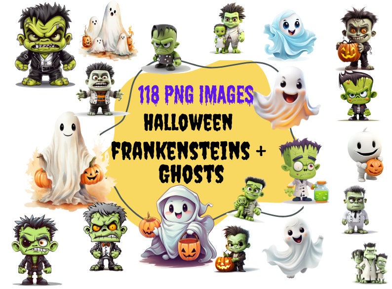 118 Cute Halloween Images - Frankenstein Monsters and Ghosts Bundles ...
