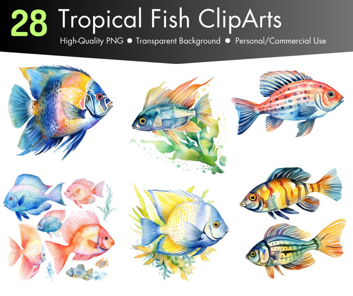Watercolor Fish Clipart, Tropical Fish Clipart, Coral Reef Fish Clipart ...