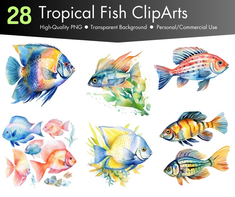 Watercolor Fish Clipart, Tropical Fish Clipart, Coral Reef Fish Clipart ...