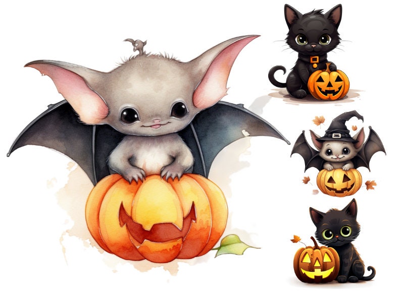 125 Cute Halloween Bats & Black Cats Clipart Watercolor Pngs Spooky ...