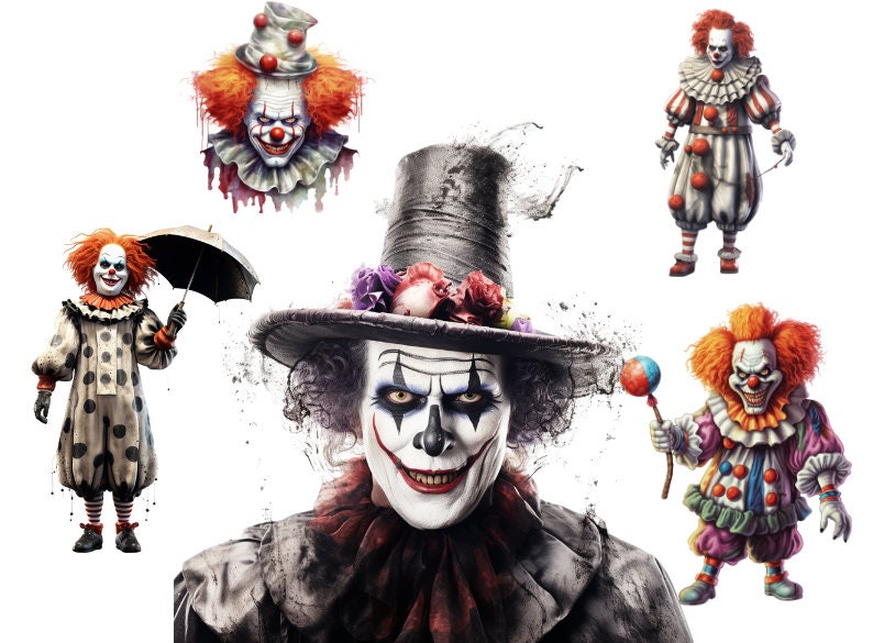 Scary Halloween Clowns Clipart - 28 Watercolor Pngs - Spooky Circus ...