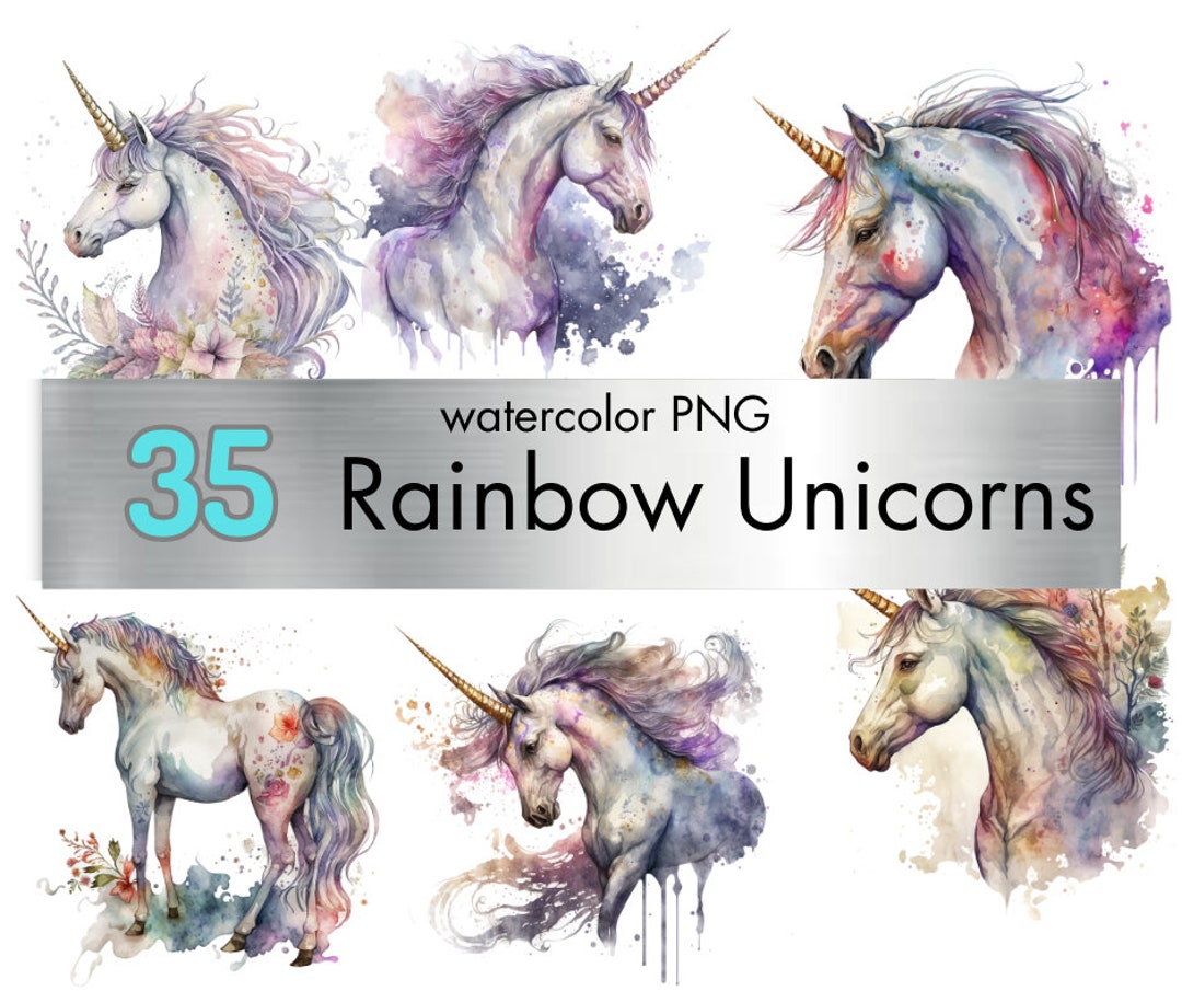 Rainbow Unicorns Digital Clipart | 35 Watercolor PNG Images ...