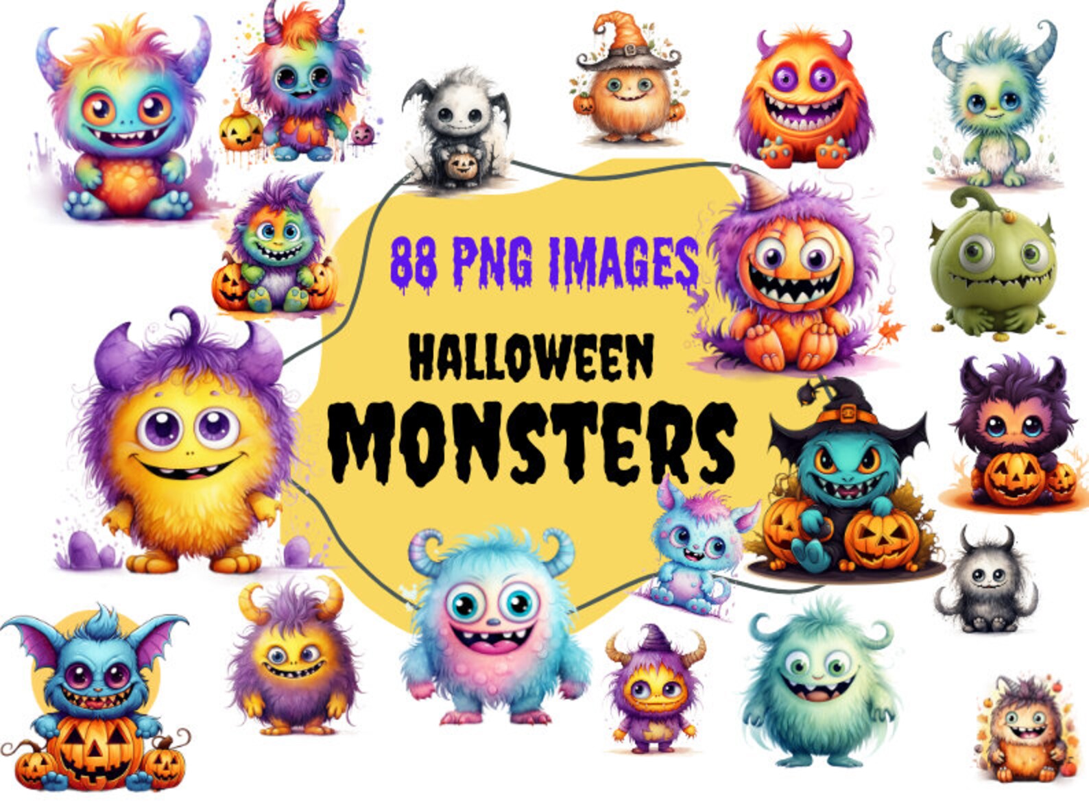 Cute Halloween Monster Clipart Bundle - 88 High-res 300 DPI Images ...