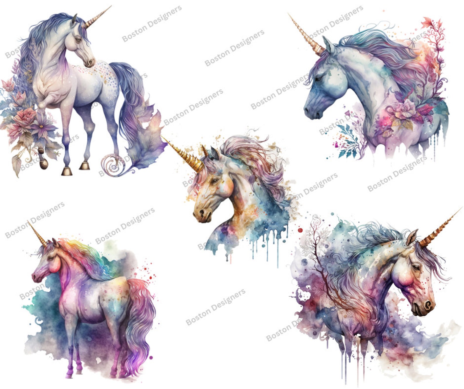 Rainbow Unicorns Digital Clipart | 35 Watercolor PNG Images ...