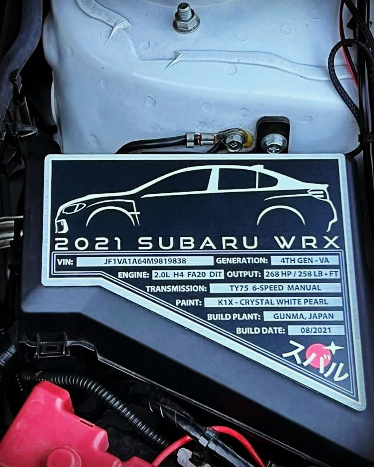 Subaru WRX STI Custom Aluminum Engine Bay Dress up Plaque Car Show 2015 ...
